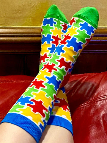 Colorful Autism Awareness Puzzle Pieces Women's Crew Socks – FabDaz